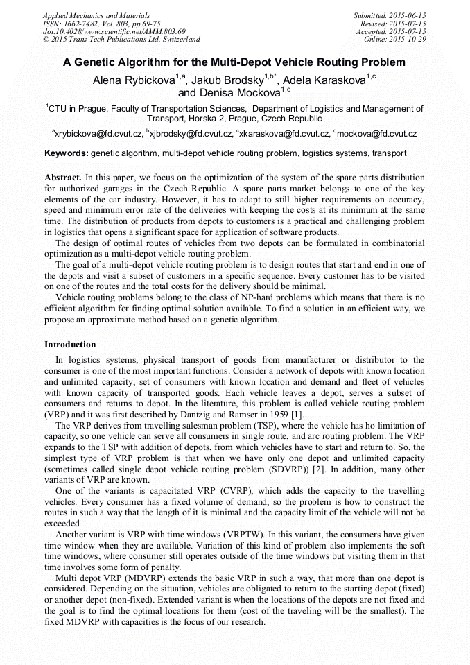 A Genetic Algorithm for the Multi-Depot Vehicle Routing Problem | Scientific.Net