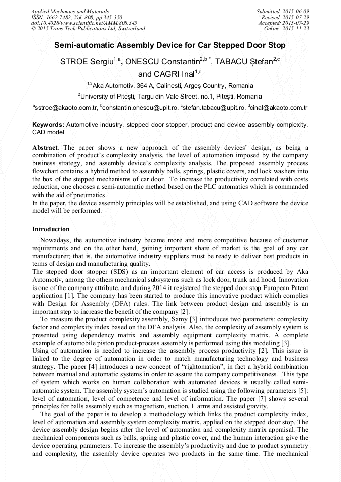 Semi-Automatic Assembly Device for Car Stepped Door Stop | Scientific.Net