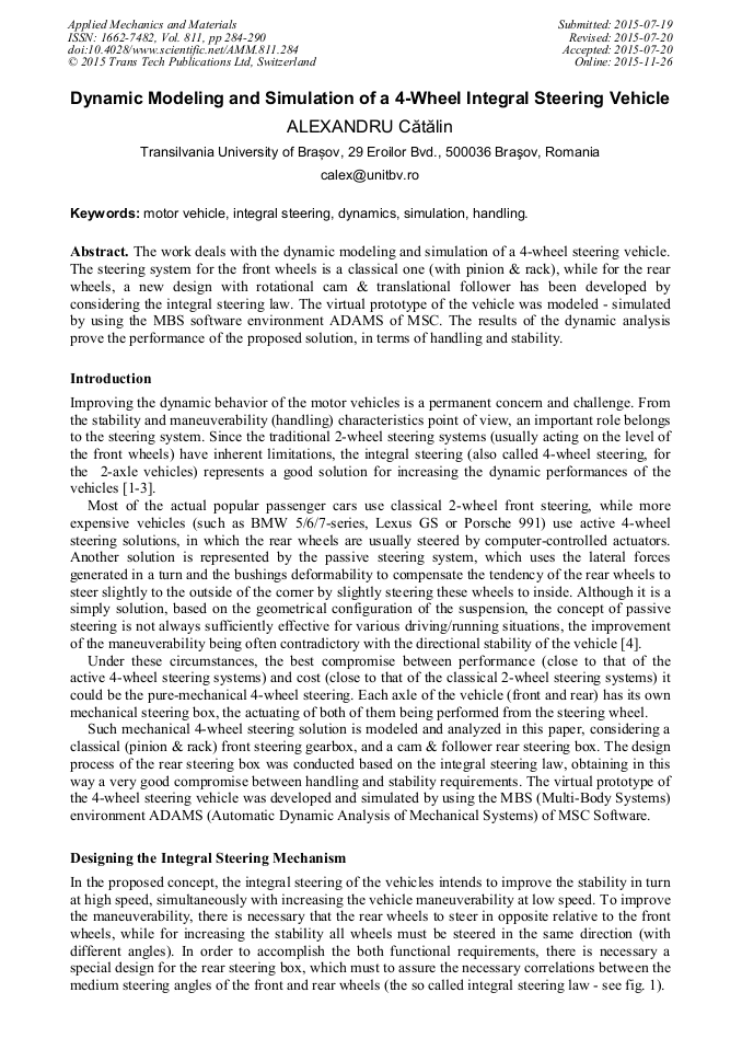 Dynamic Modeling and Simulation of a 4-Wheel Integral Steering Vehicle ...