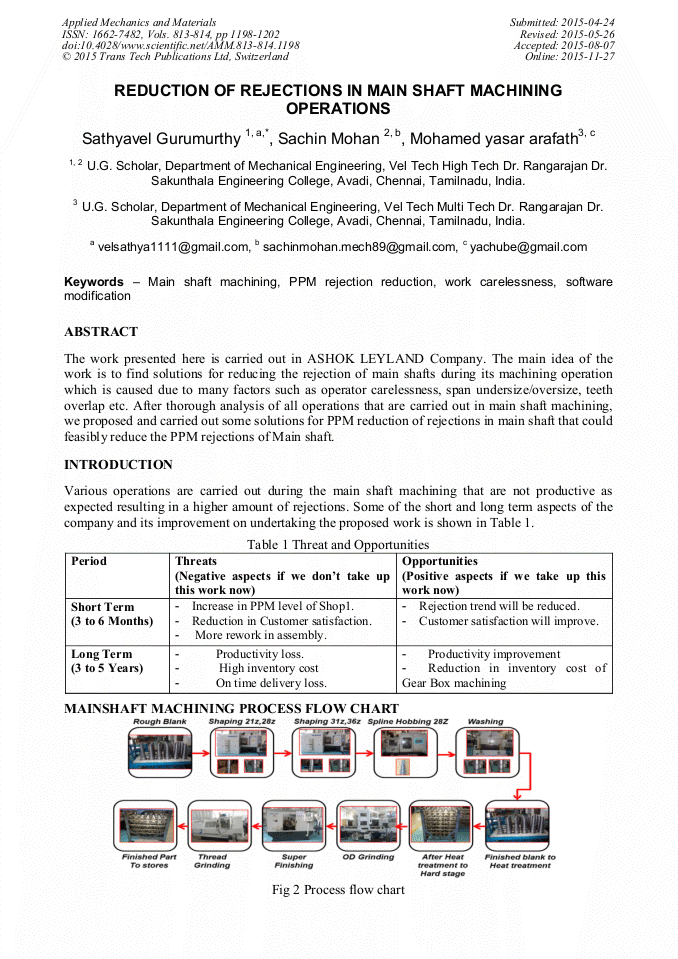 Reduction of Rejections in Main Shaft Machining Operations | Scientific.Net