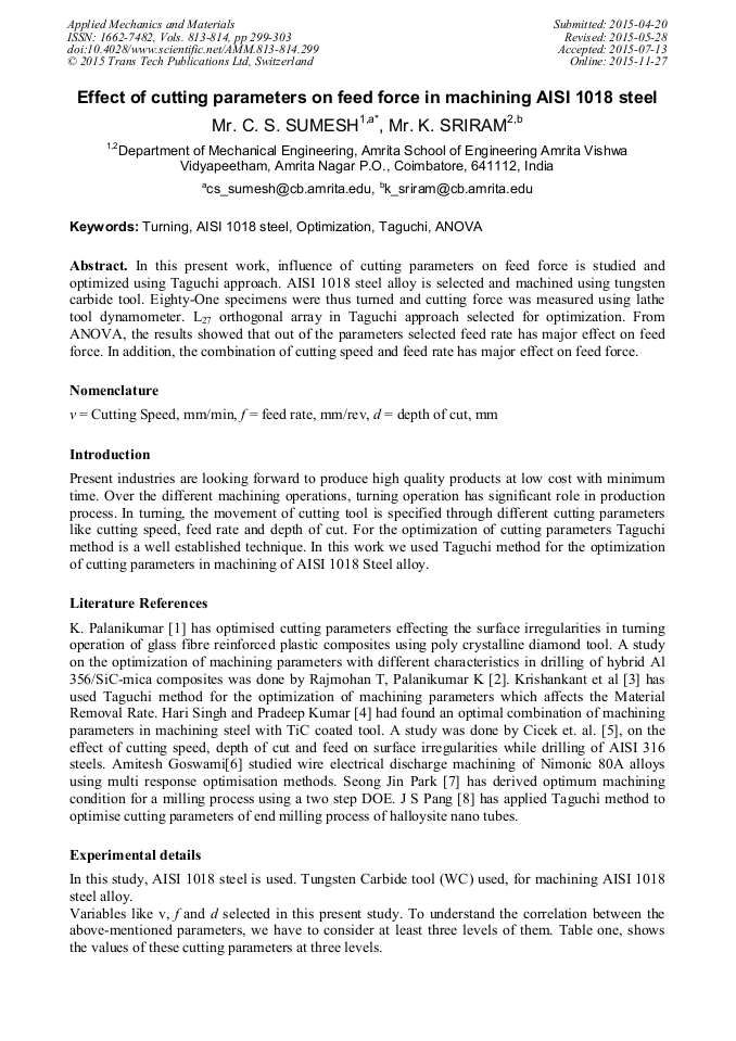 Effect of Cutting Parameters on Feed Force in Machining AISI 1018 Steel ...