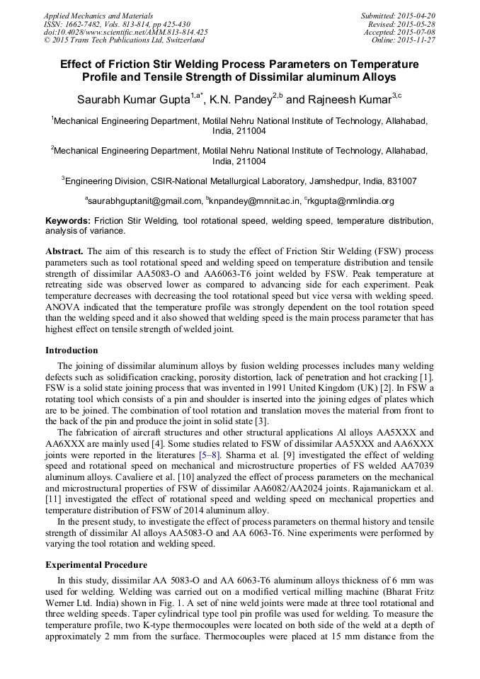 Effect of Friction Stir Welding Process Parameters on Temperature Profile and Tensile Strength ...