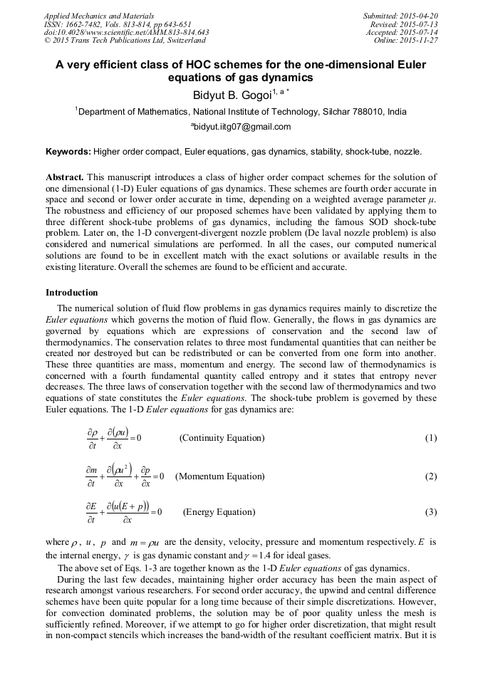 A Very Efficient Class of HOC Schemes for the One-Dimensional Euler ...