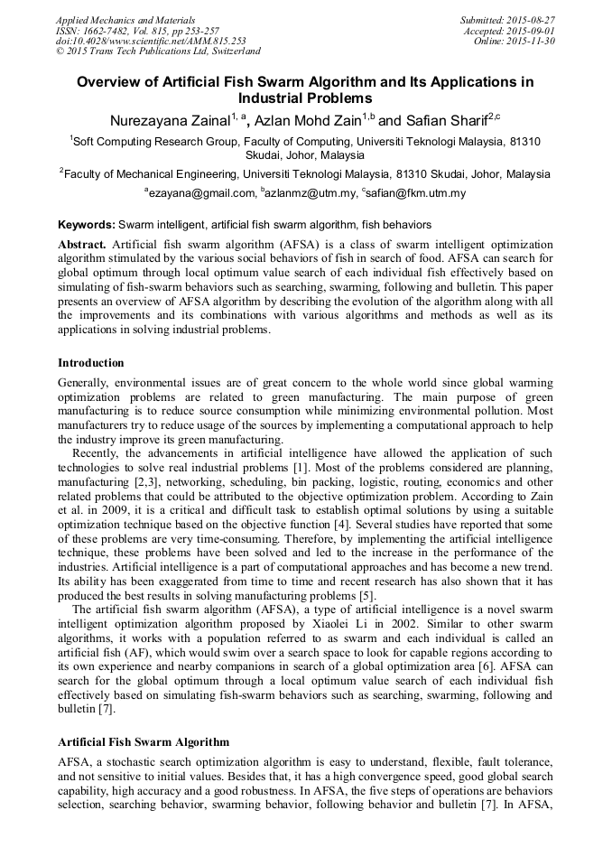 Overview of Artificial Fish Swarm Algorithm and its Applications in Industrial Problems ...