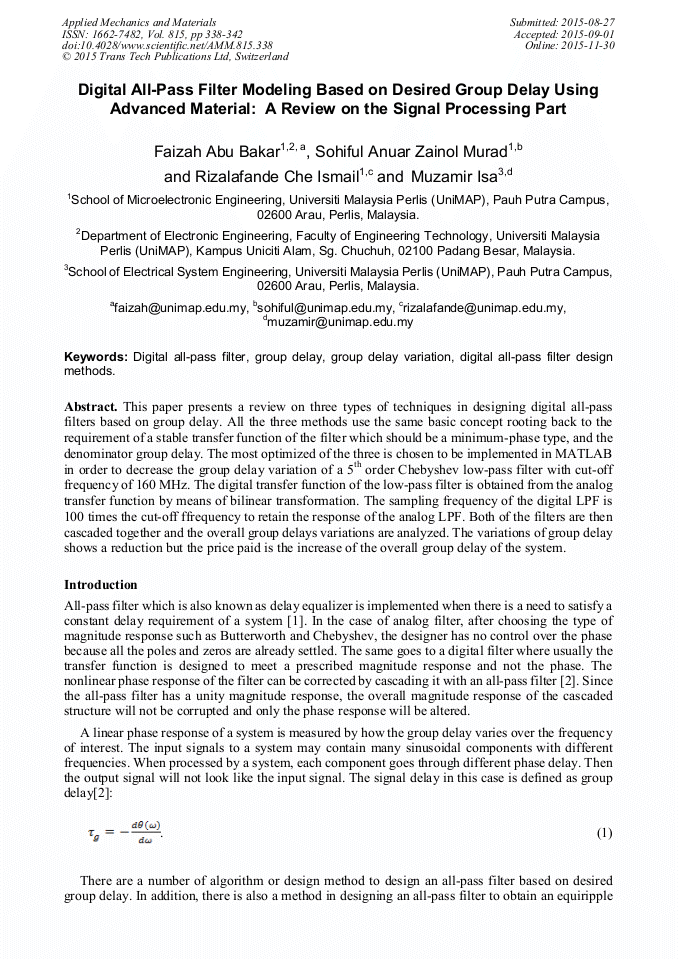Digital All-Pass Filter Modeling Based on Desired Group Delay Using ...