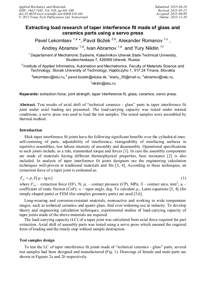 Extracting Load Research of Taper Interference Fit Made of Glass and ...