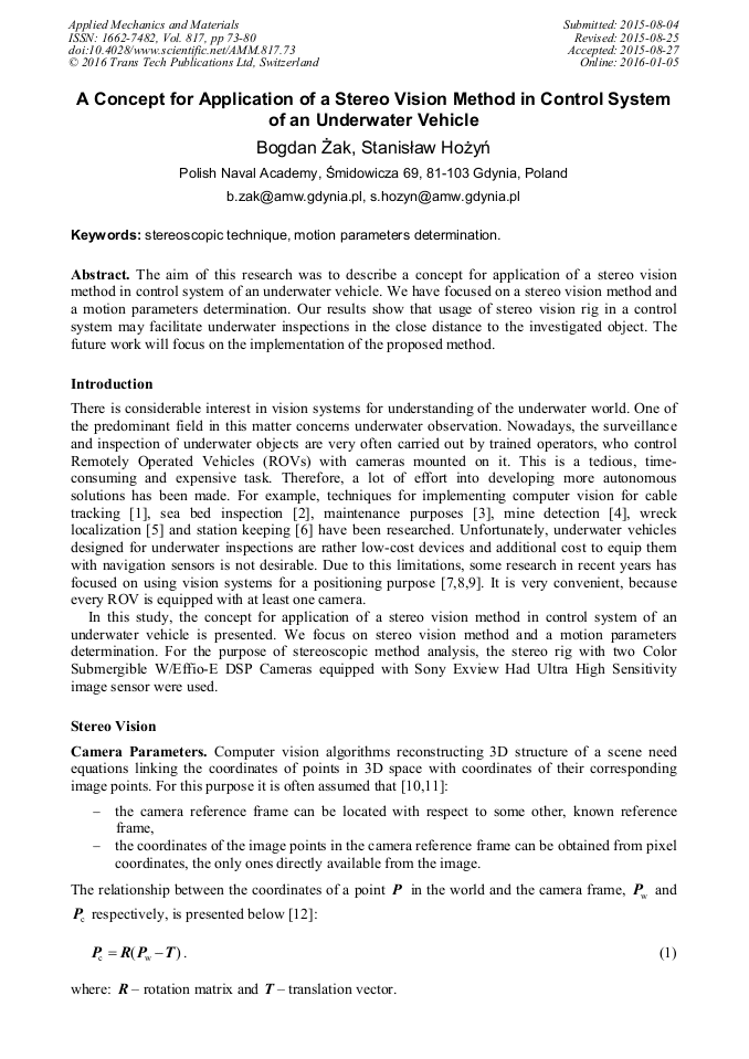 A Concept for Application of a Stereo Vision Method in Control System ...