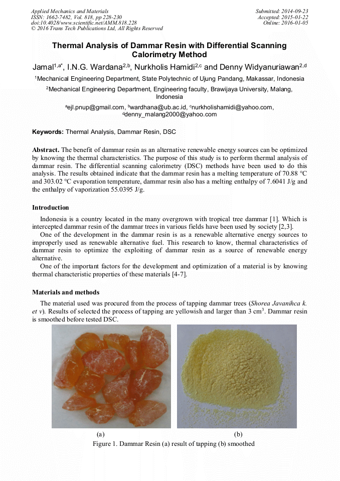 Thermal Analysis of Dammar Resin with Differential Scanning Calorimetry ...