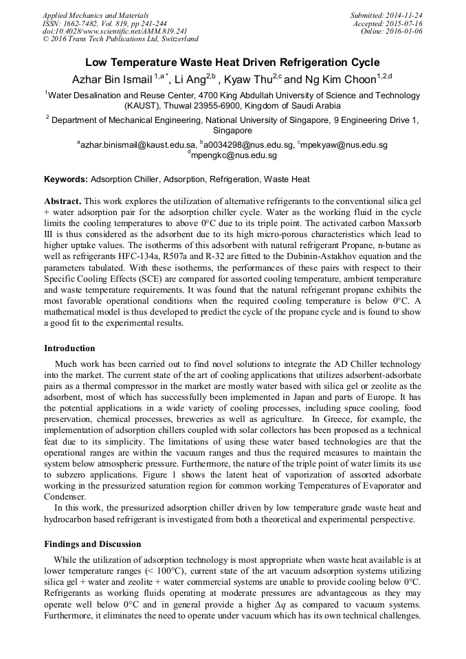 Low Temperature Waste Heat Driven Refrigeration Cycle | Scientific.Net