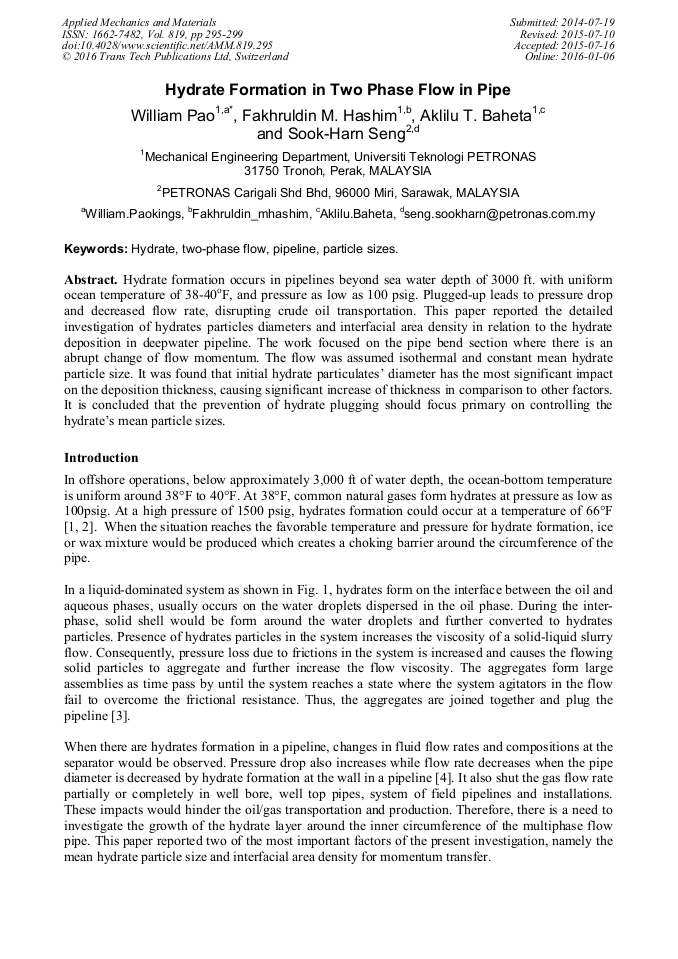 Hydrate Formation in Two Phase Flow in Pipe | Scientific.Net