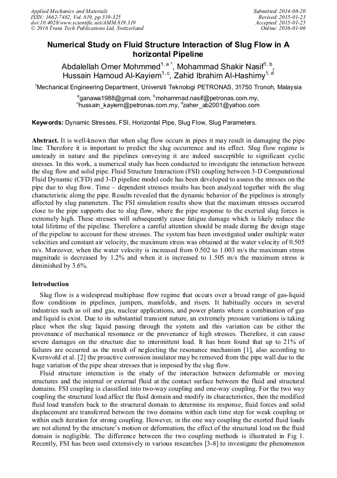 Numerical Study on Fluid Structure Interaction of Slug Flow in a ...