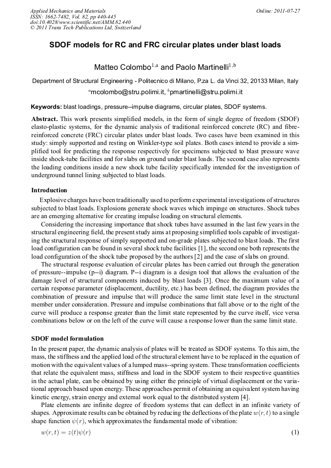 SDOF Models for RC and FRC Circular Plates under Blast Loads ...