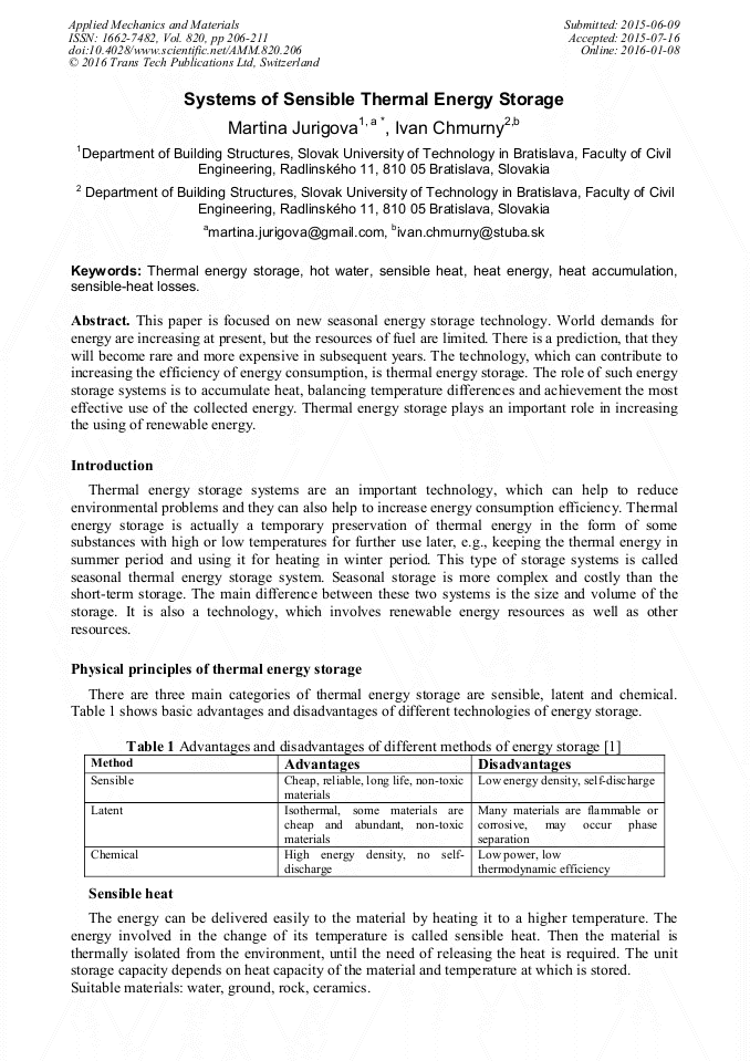 Systems of Sensible Thermal Energy Storage | Scientific.Net