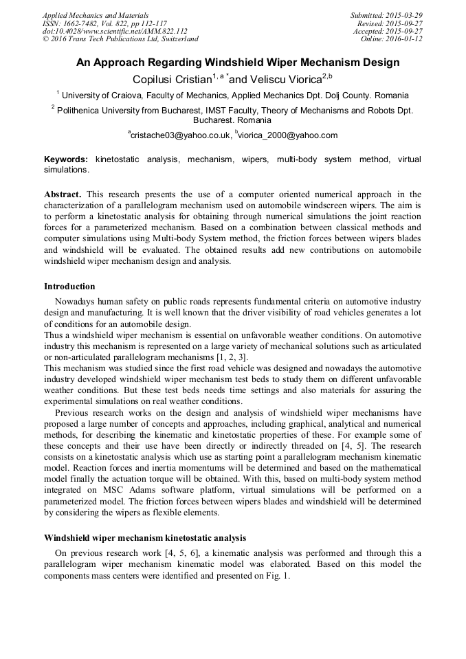 An Approach Regarding Windshield Wiper Mechanism Design | Scientific.Net