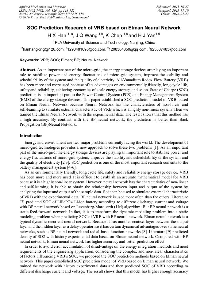 SOC Prediction Research of VRB Based on Elman Neural Network ...
