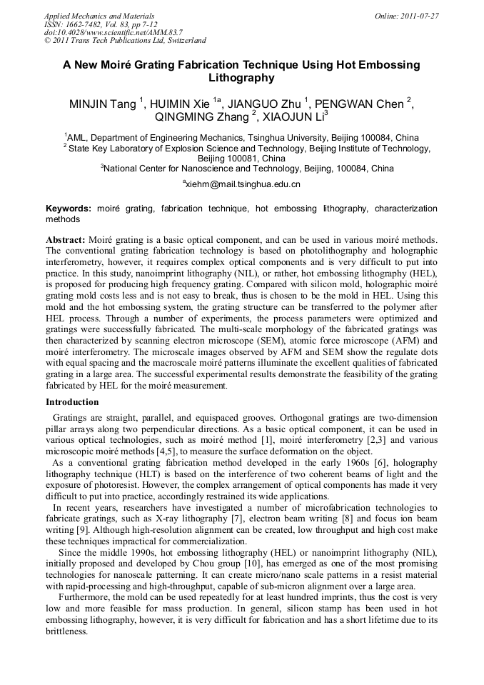 A New Moiré Grating Fabrication Technique Using Hot Embossing Lithography | Scientific.Net
