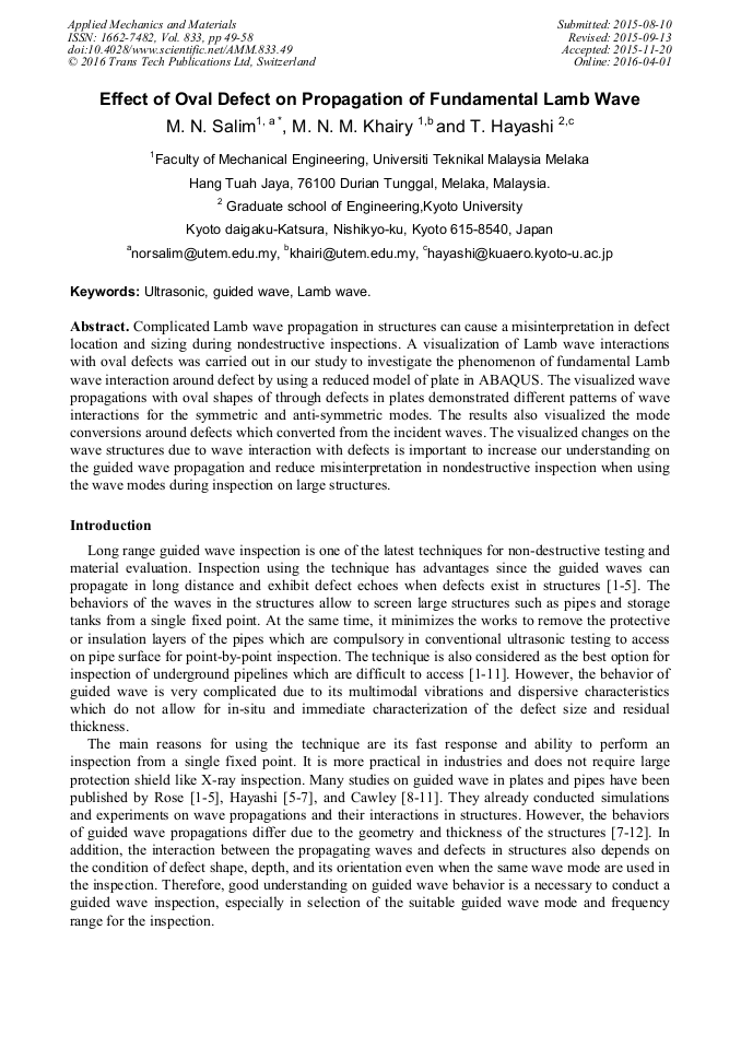 Effect of Oval Defect on Propagation of Fundamental Lamb Wave ...