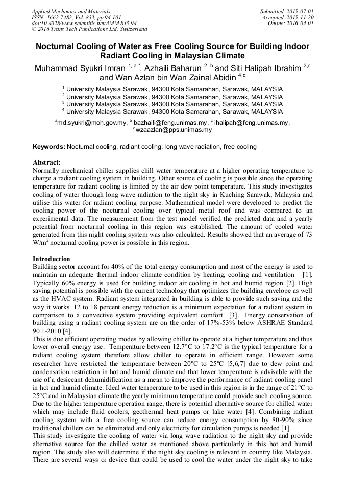 Nocturnal Cooling of Water as Free Cooling Source for Building Indoor ...