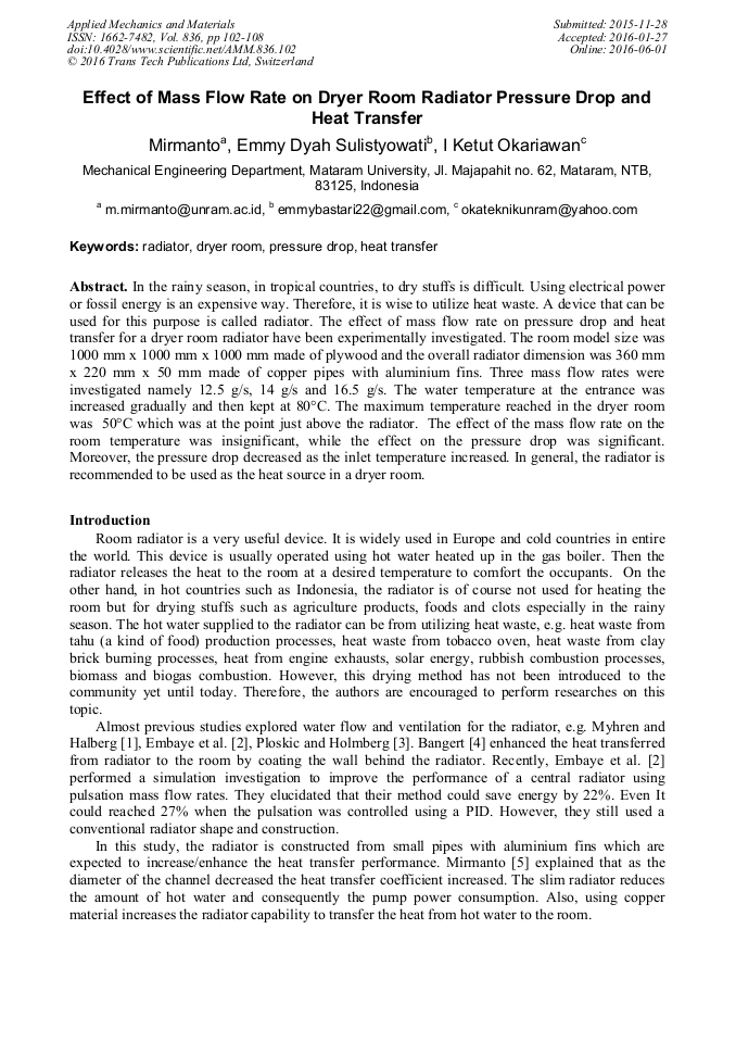 Effect of Mass Flow Rate on Dryer Room Radiator Pressure Drop and Heat ...