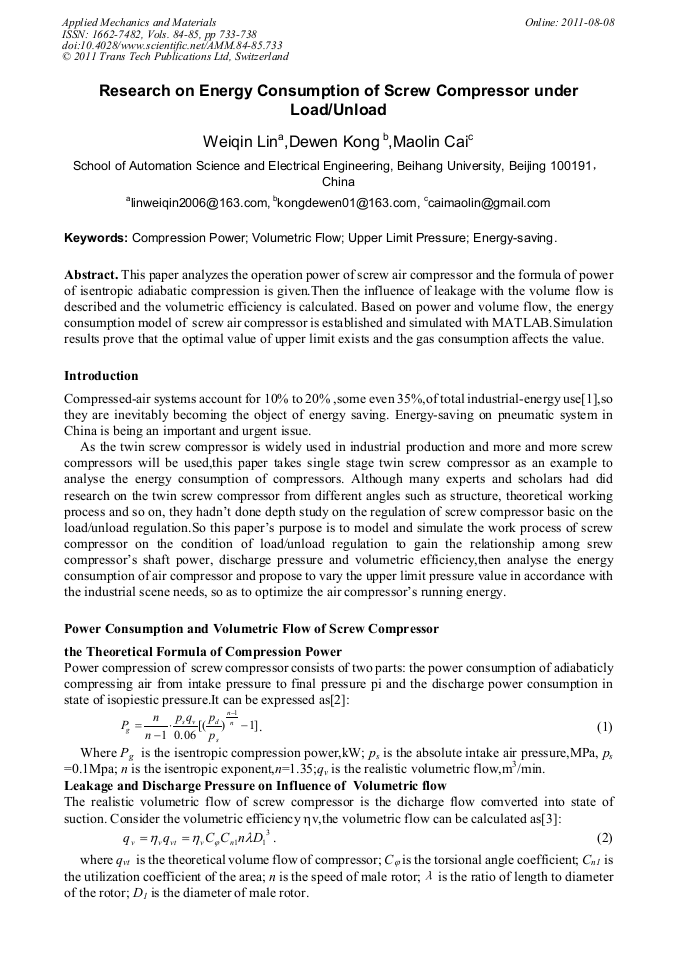 Research on Energy Consumption of Screw Compressor under Load/Unload ...