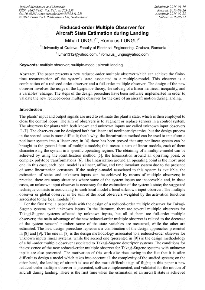 Reduced-Order Multiple Observer for Aircraft State Estimation during ...
