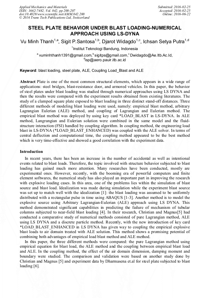 Steel Plate Behavior under Blast Loading-Numerical Approach Using LS-DYNA | Scientific.Net