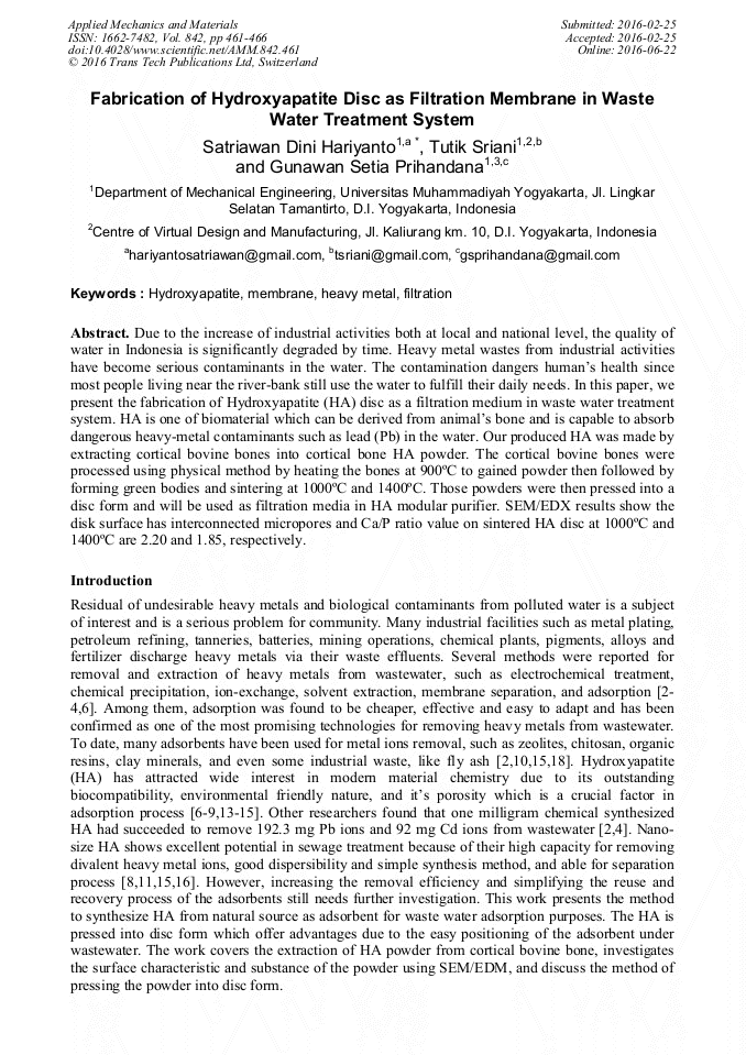 Fabrication of Hydroxyapatite Disc as Filtration Membrane in Waste ...