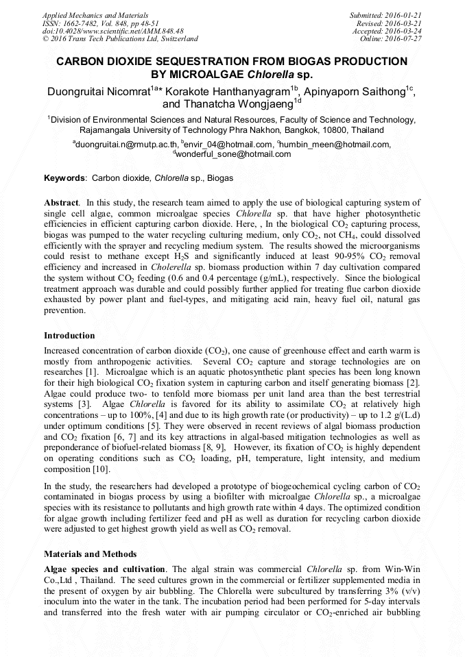 Carbon Dioxide Sequestration from Biogas Production by Microalgae ...