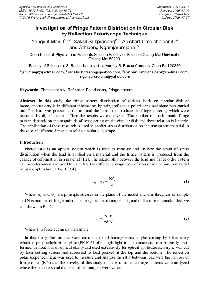 Investigation of Fringe Pattern Distribution in Circular Disk by ...