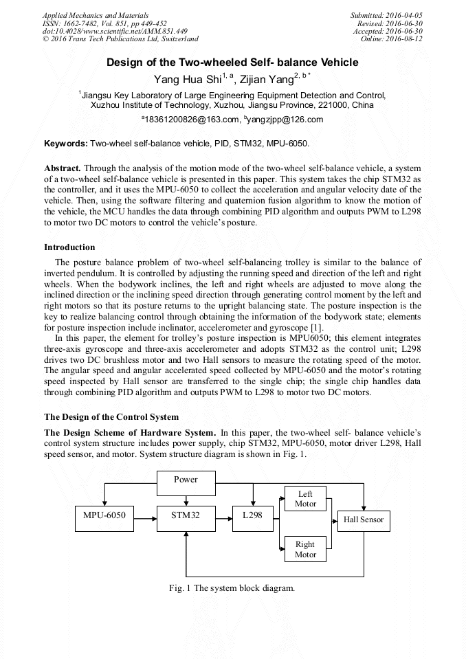 Design of the Two-Wheeled Self-Balance Vehicle | Scientific.Net