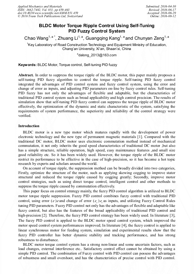 BLDC Motor Torque Ripple Control Using Self-Tuning PID Fuzzy Control ...