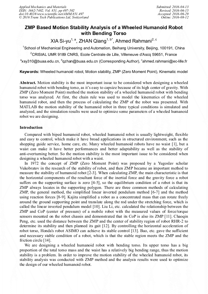 ZMP Based Motion Stability Analysis of a Wheeled Humanoid Robot with ...