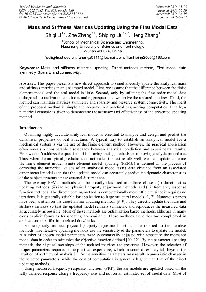 Mass and Stiffness Matrices Updating Using the First Modal Data ...