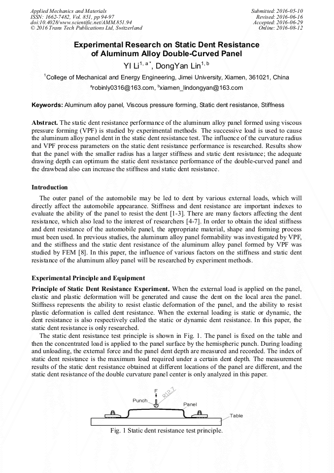 Experimental Research on Static Dent Resistance of Aluminum Alloy ...