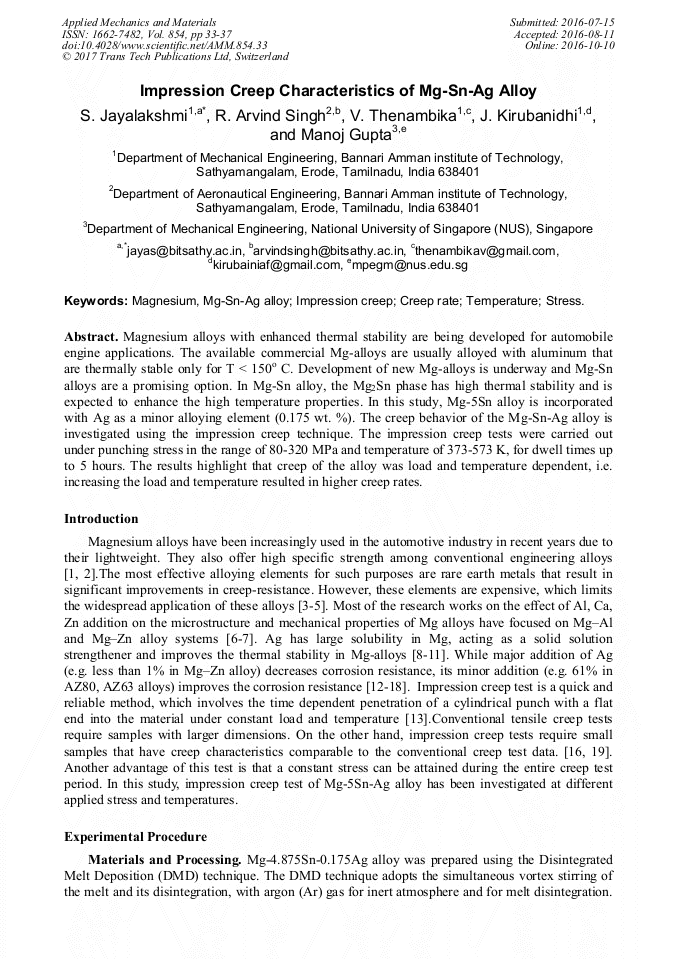 Impression Creep Characteristics of Mg-Sn-Ag Alloy | Scientific.Net