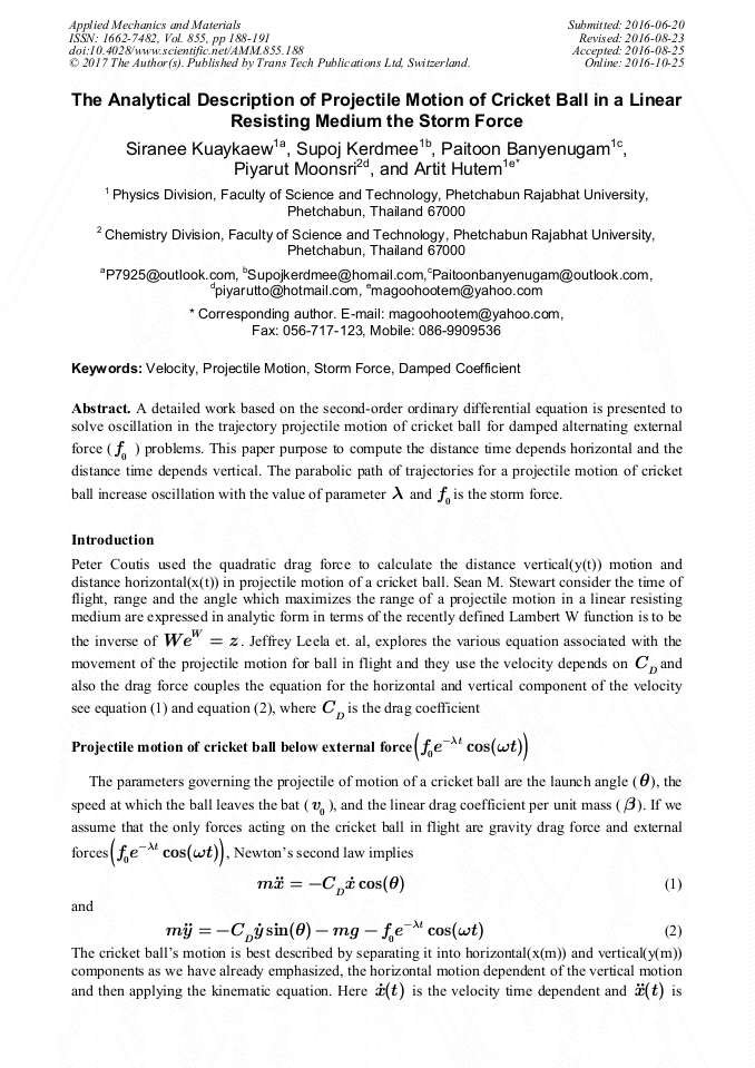 The Analytical Description of Projectile Motion of Cricket Ball in a ...