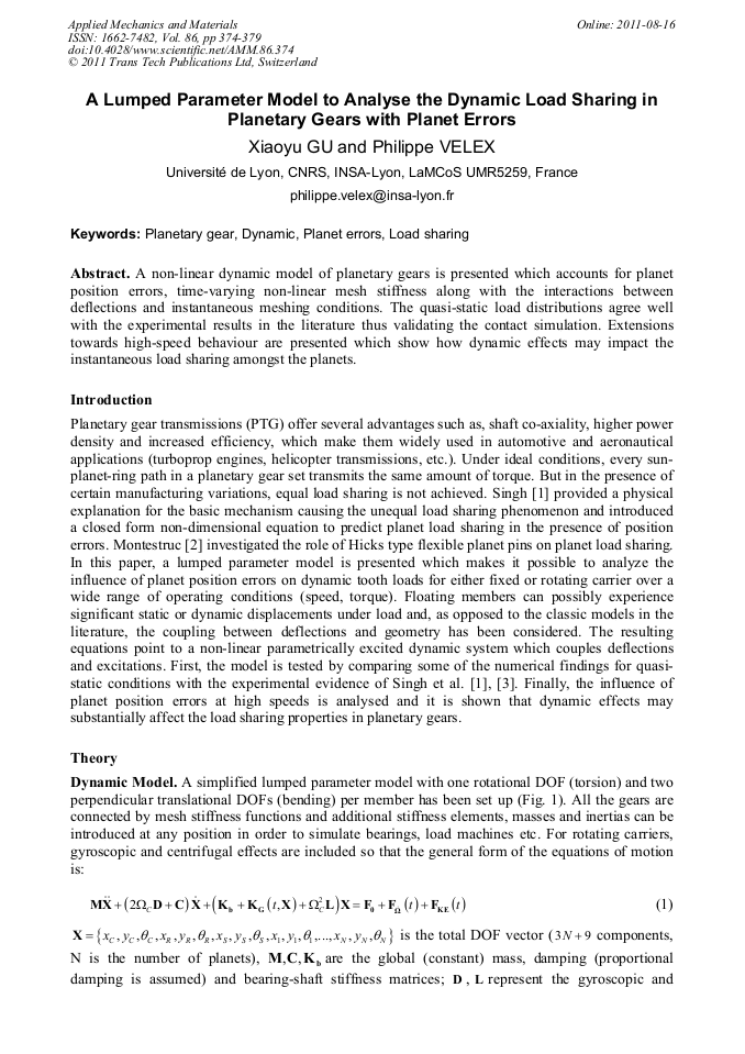 A Lumped Parameter Model to Analyse the Dynamic Load Sharing in ...