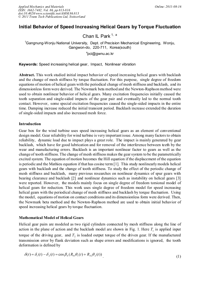Initial Behavior of Speed Increasing Helical Gears by Torque ...