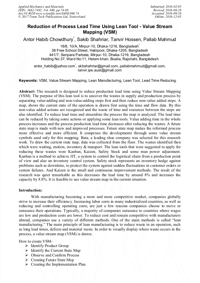 Reduction of Process Lead Time Using Lean Tool - Value Stream Mapping ...