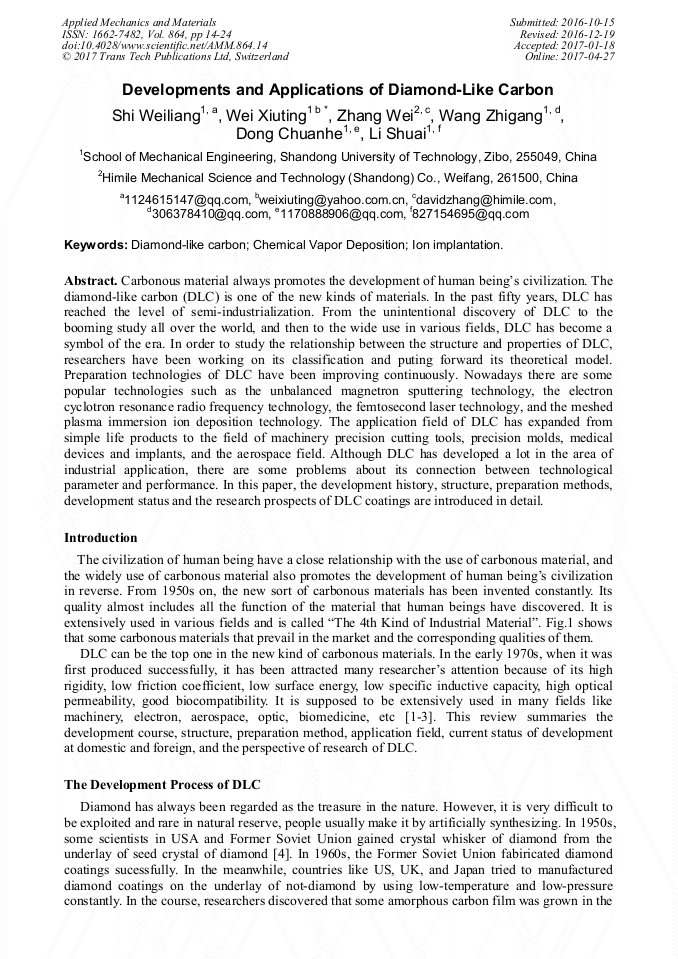 Developments and Applications of Diamond-Like Carbon | Scientific.Net