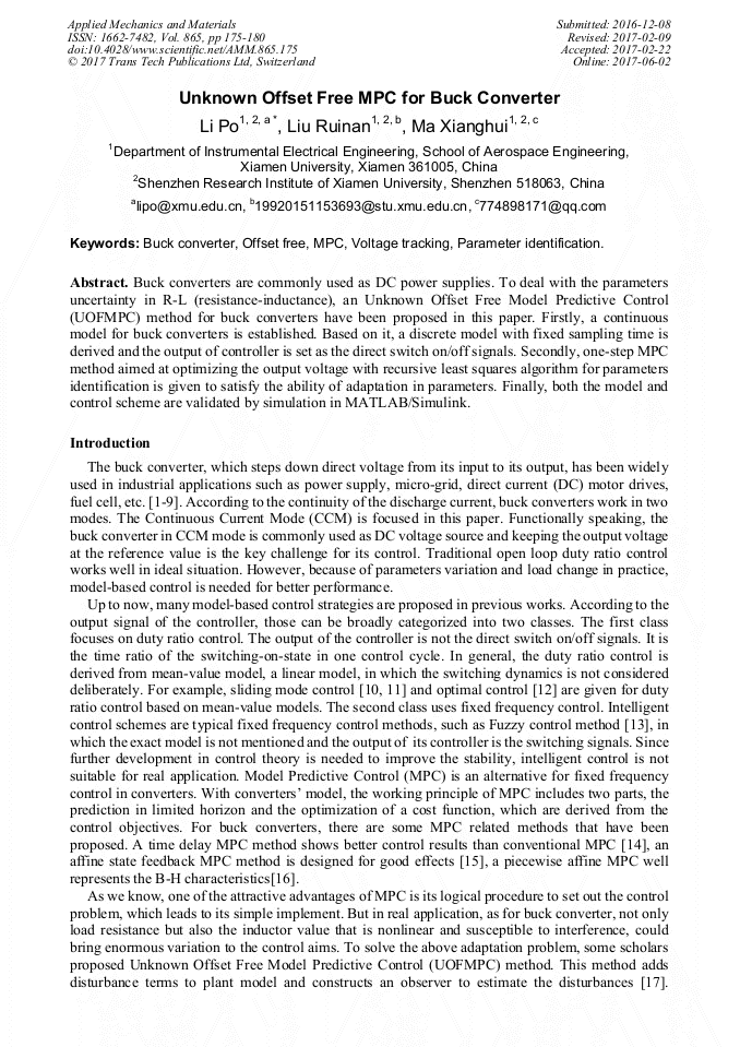 Unknown Offset Free MPC for Buck Converter | Scientific.Net