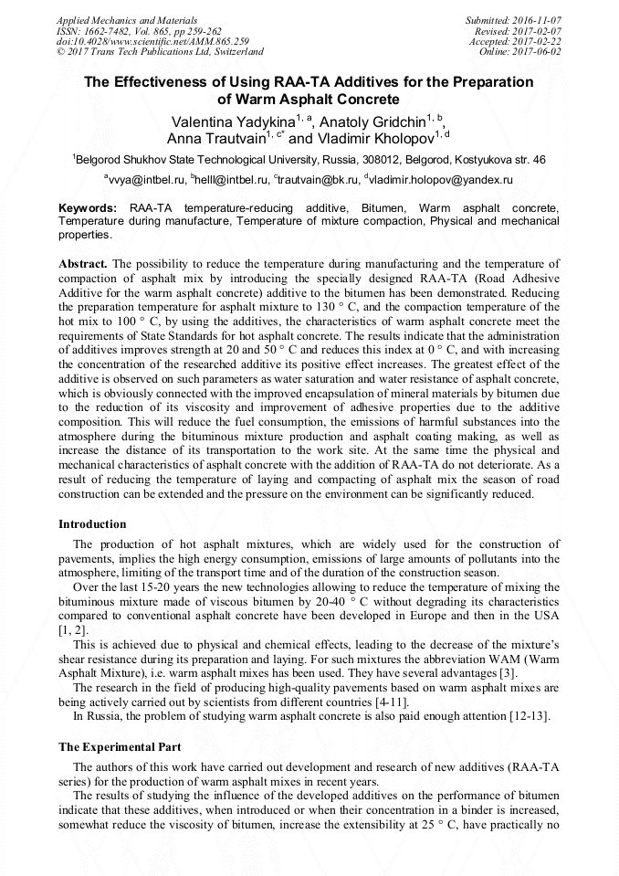The Effectiveness of Using RAA-TA Additives for the Preparation of Warm ...