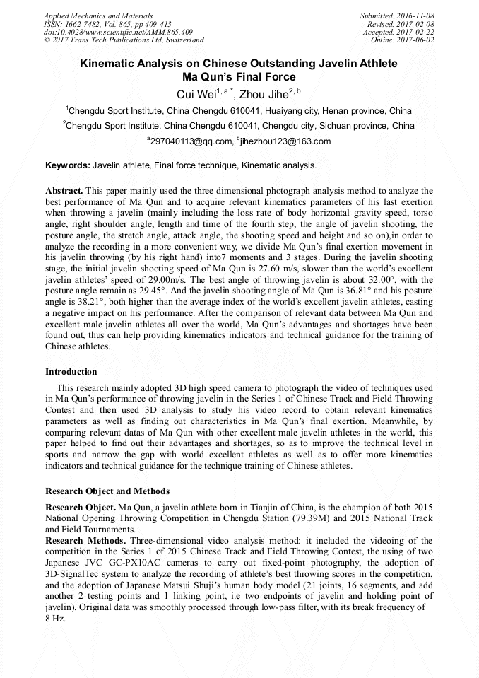Kinematic Analysis on Chinese Outstanding Javelin Athlete Ma Qun’s ...