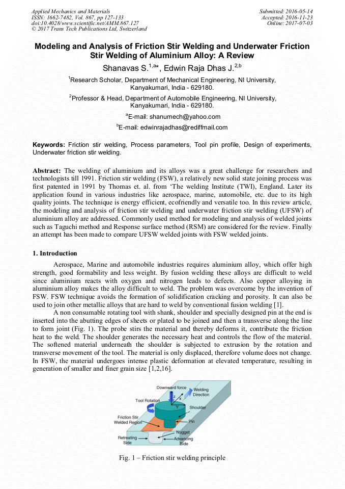 Modeling and Analysis of Friction Stir Welding and Underwater Friction ...