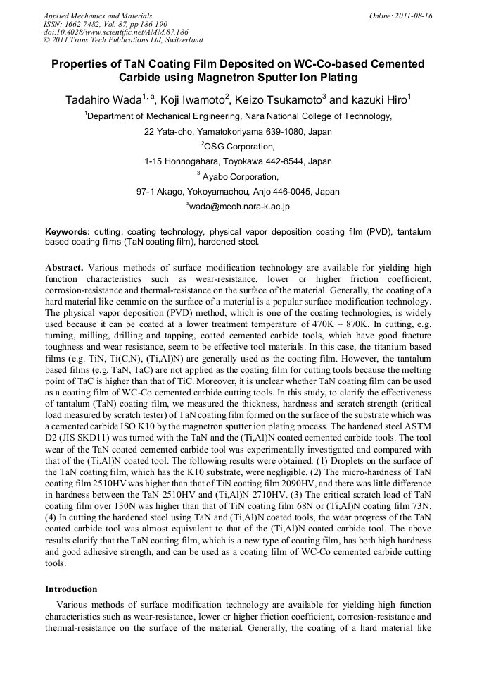 Properties of TaN Coating Film Deposited on WC-Co-Based Cemented ...