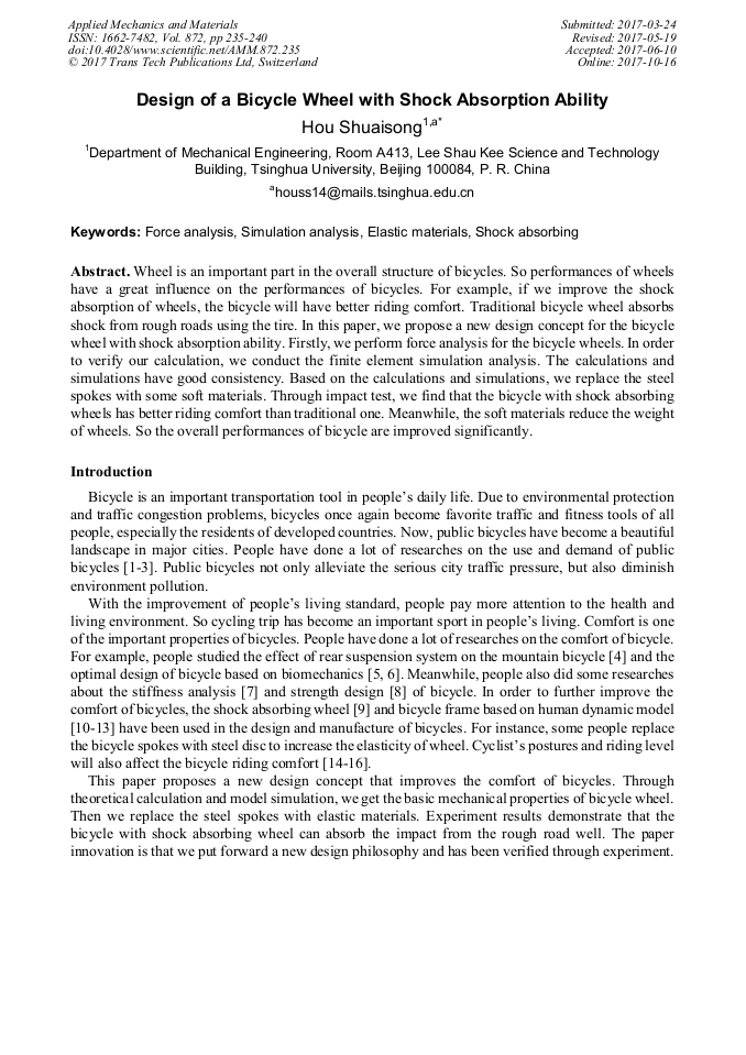Design of a Bicycle Wheel with Shock Absorption Ability | Scientific.Net