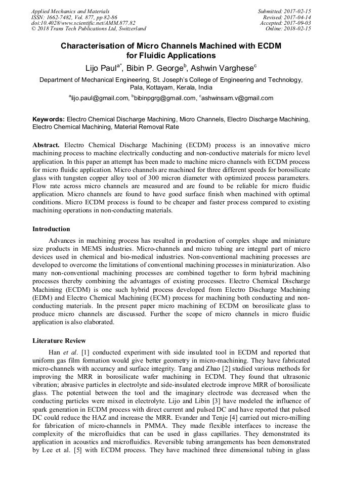 Characterisation of Micro Channels Machined with ECDM for Fluidic ...