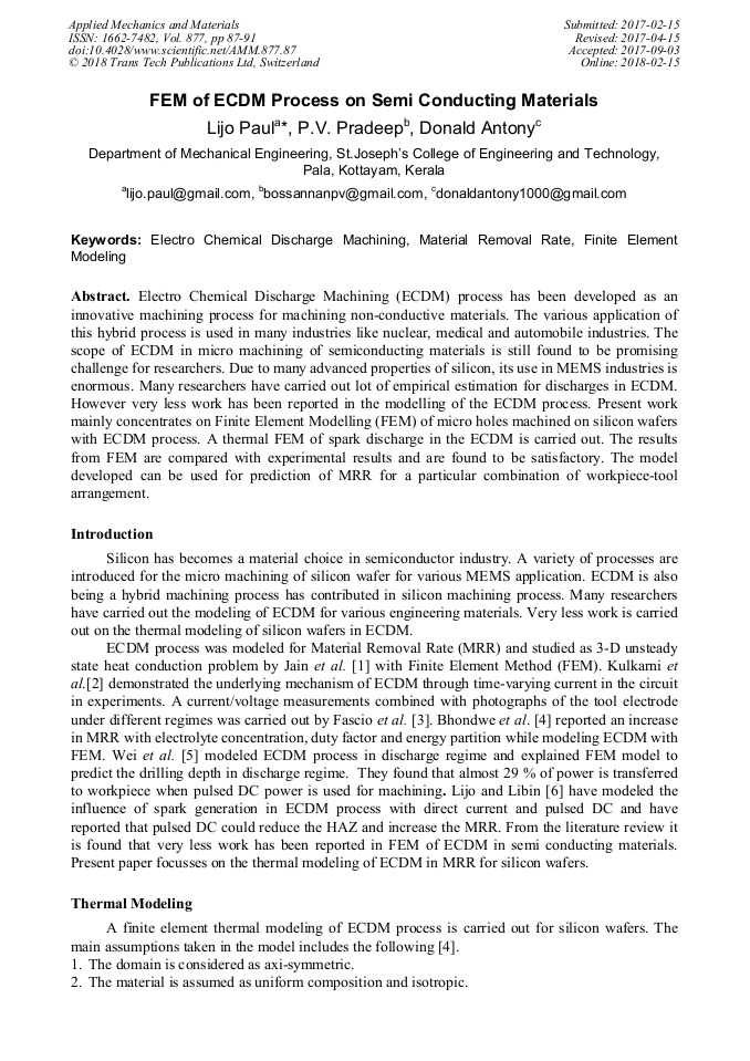 FEM of ECDM Process on Semi Conducting Materials | Scientific.Net