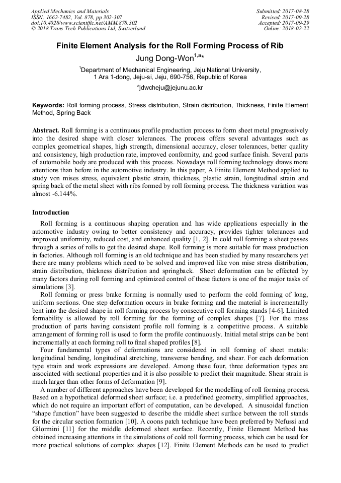Finite Element Analysis for the Roll Forming Process of Rib ...