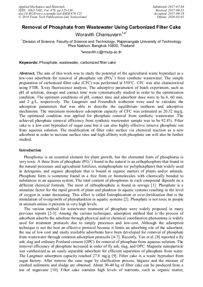 Removal of Phosphate from Wastewater Using Carbonized Filter Cake ...